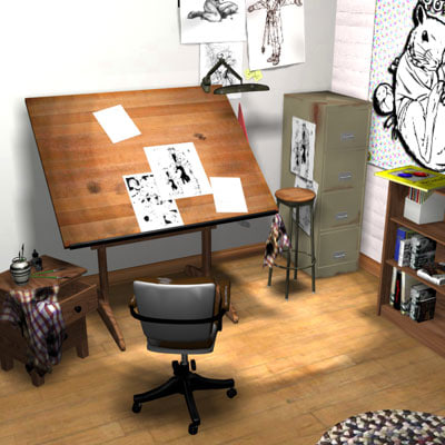3d cartoonist studio scene
