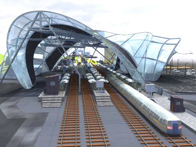 modern railway station trains 3d max