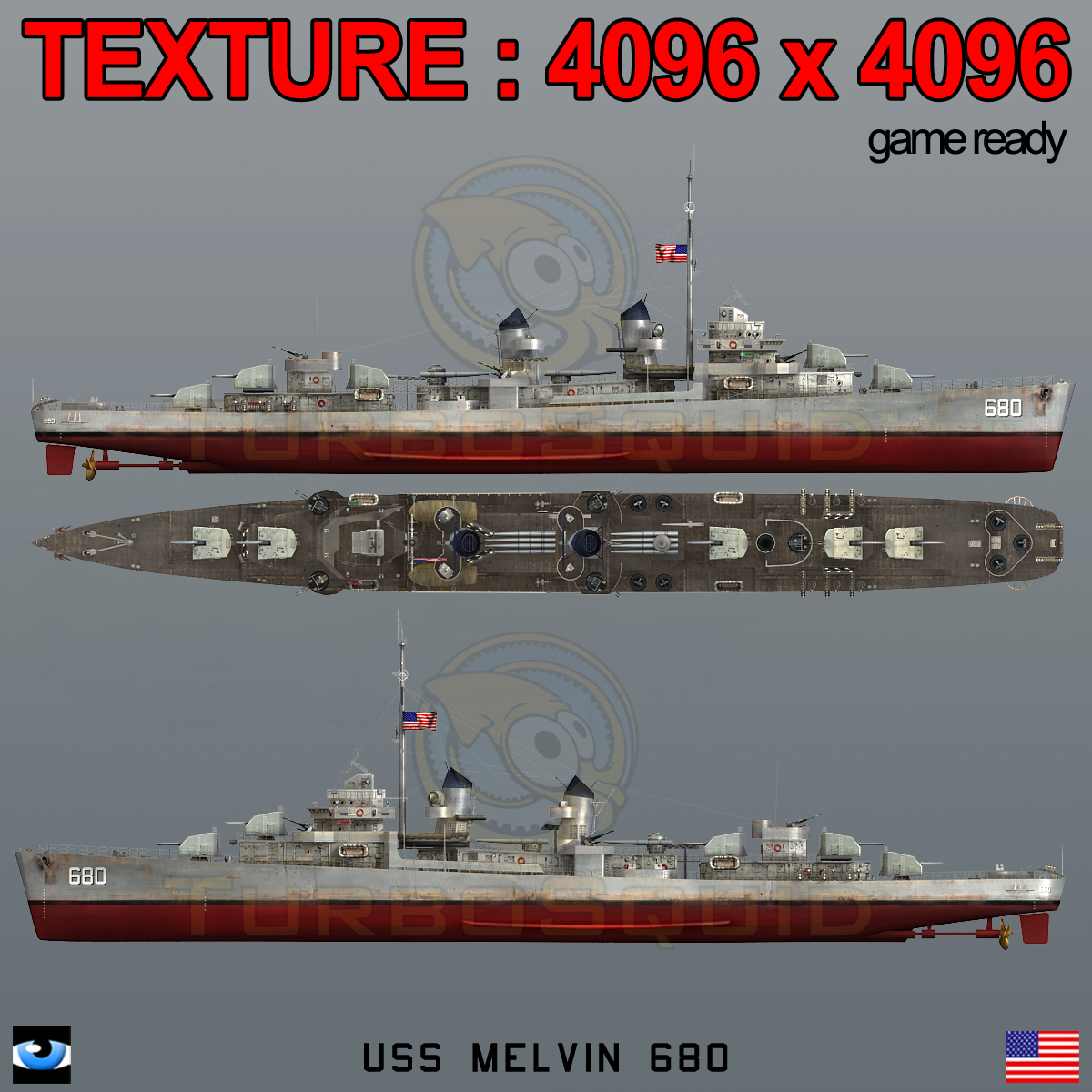 modèle 3D de USS Melvin DD-680 Destructeur de classe Fletcher Blue ...