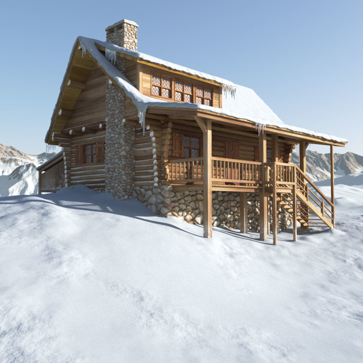 log house snow mountains