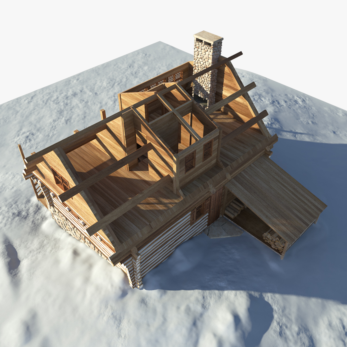 log house snow mountains