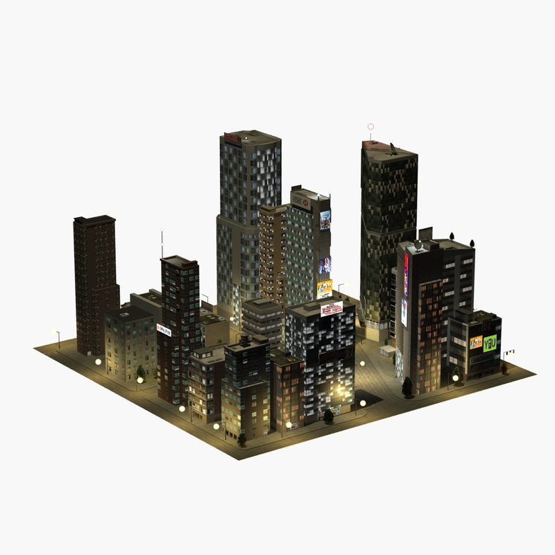 night time skyscraper city block 3d max
