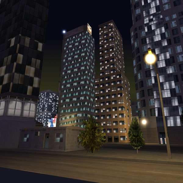 night time skyscraper city block 3d max
