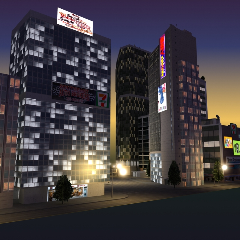 night time skyscraper city block 3d max