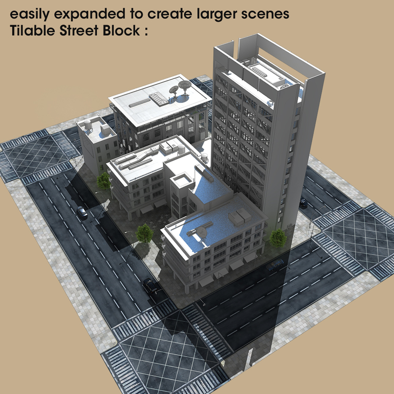 3d model city block buildings street
