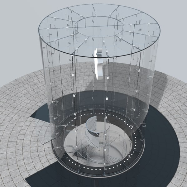 max iconic glass cylinder entrance