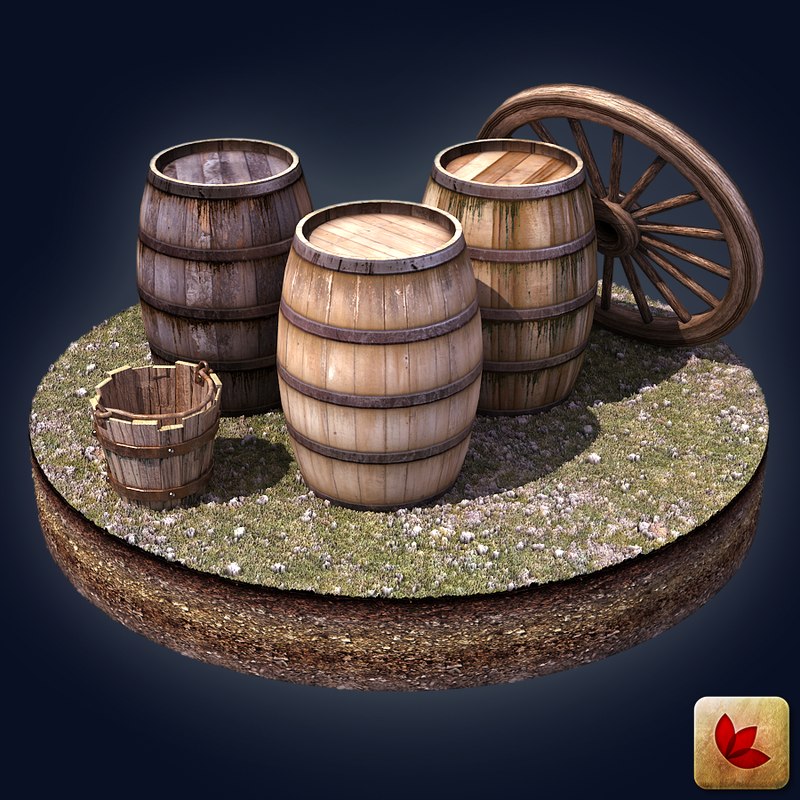 3ds max wooden barrels bucket wheel