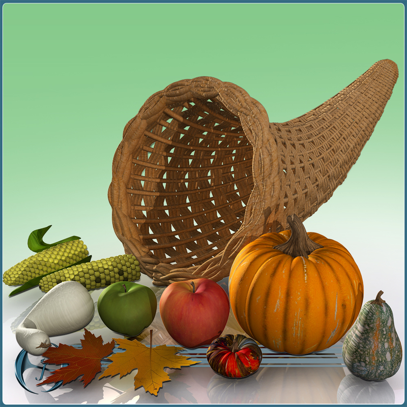 3d thanksgiving cornucopia fruits vegetables model