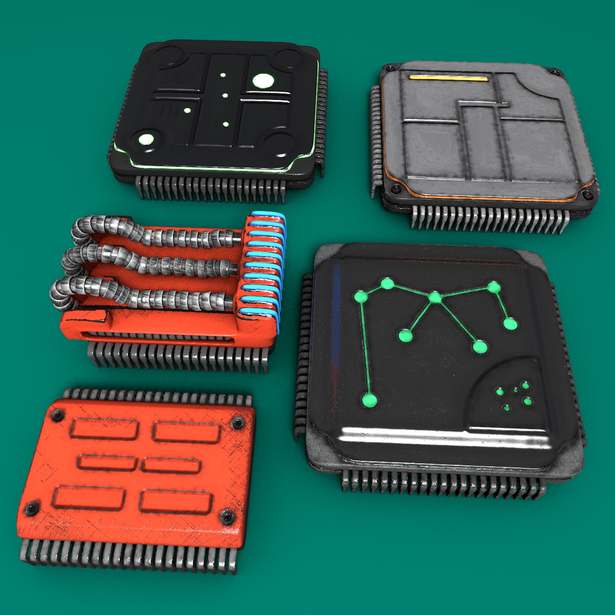 5 computer chips 3d model