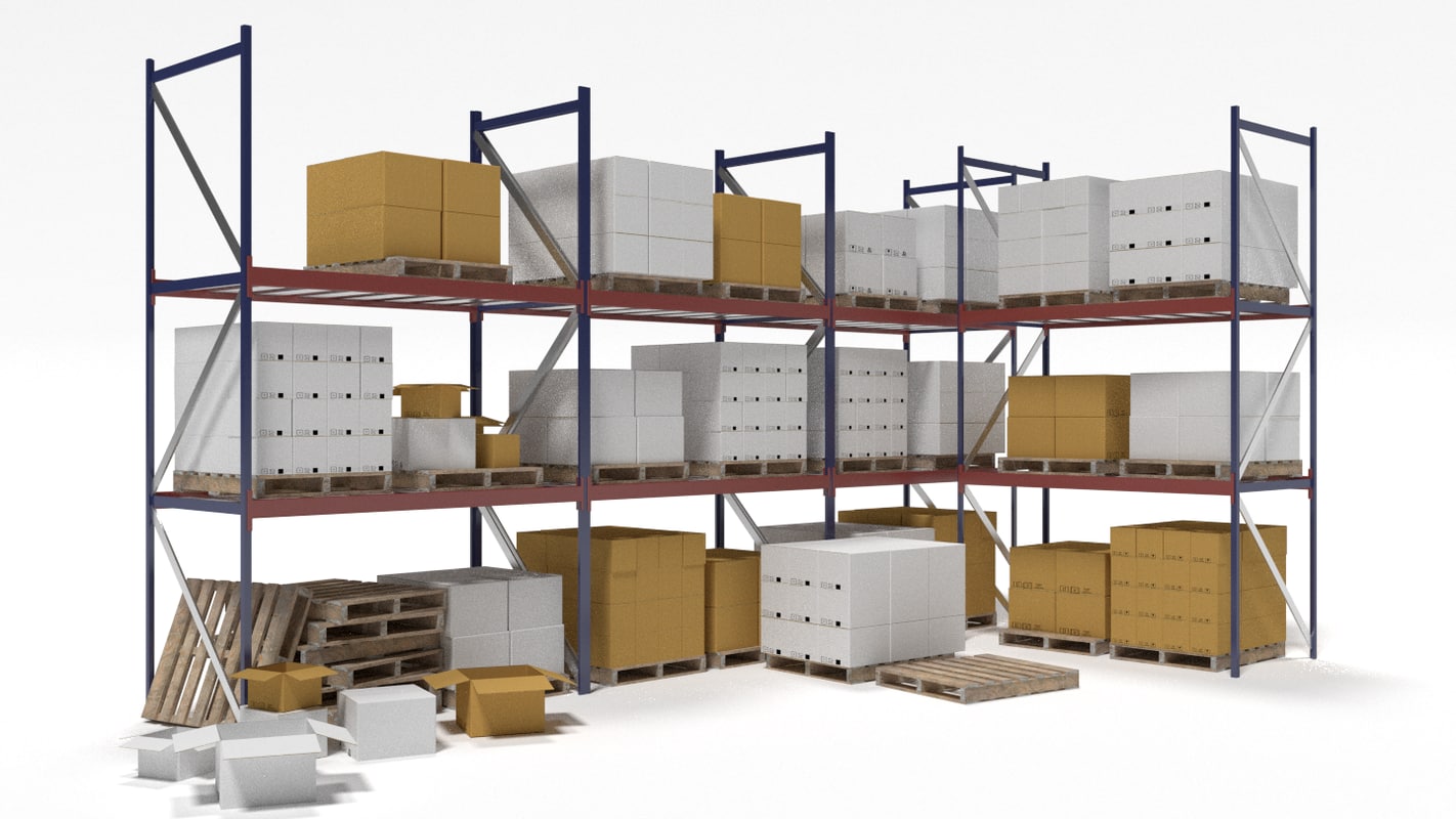 industrial racks cardboard boxes 3d blend