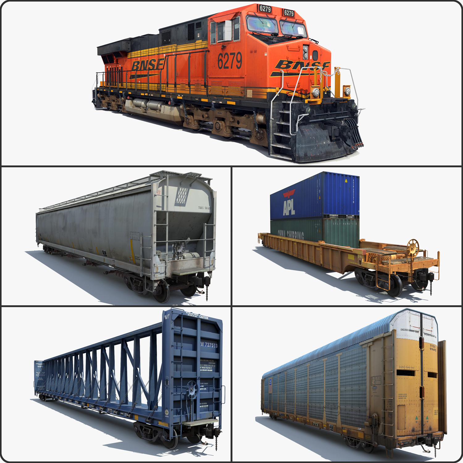 3d cargo train locomotive cars