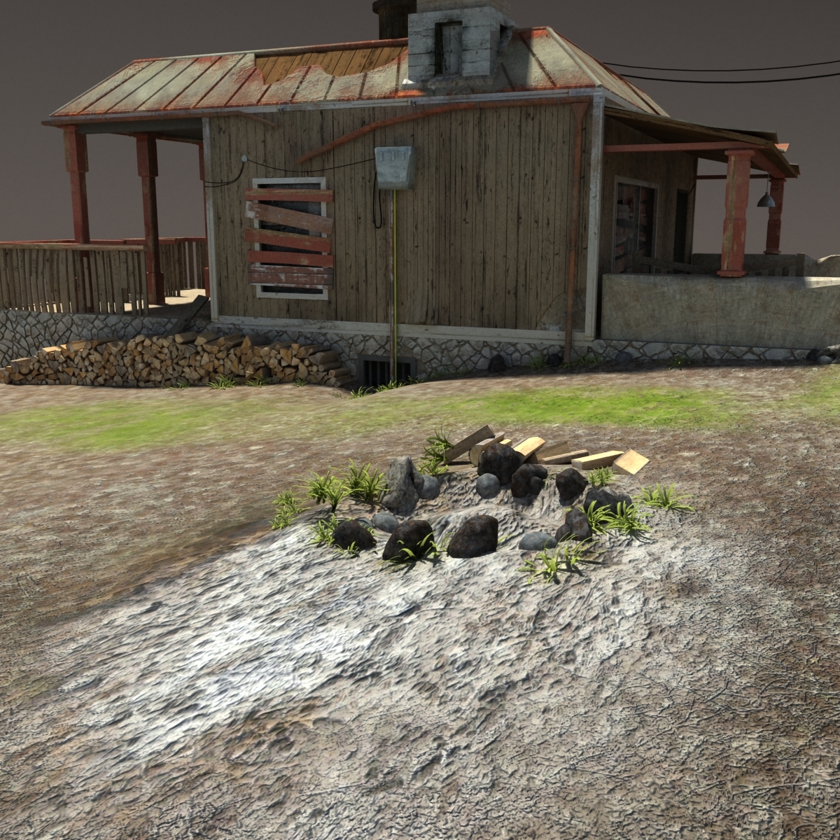 3d obj old post apocalyptic house