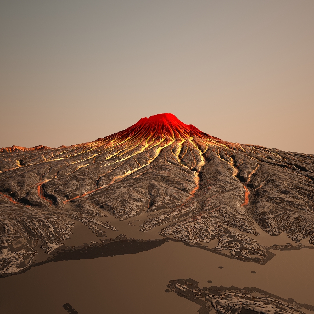 3d erupted volcano scene night