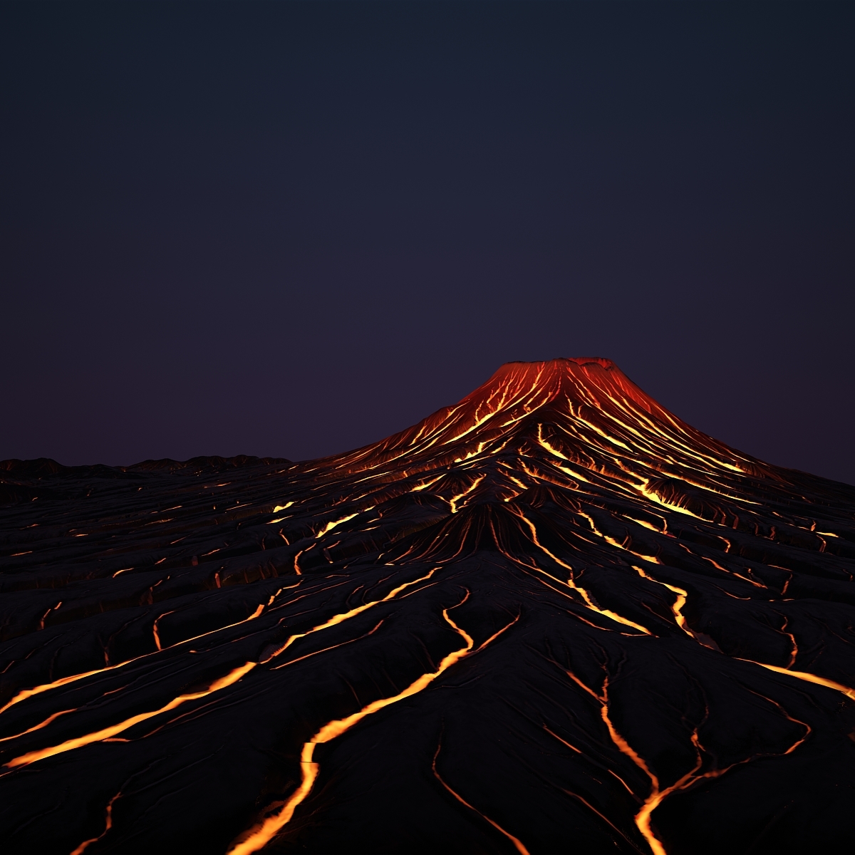 3d erupted volcano scene night