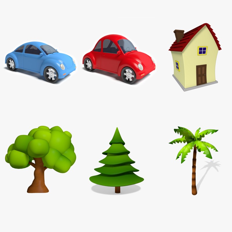 cartoon cars trees house 3d model