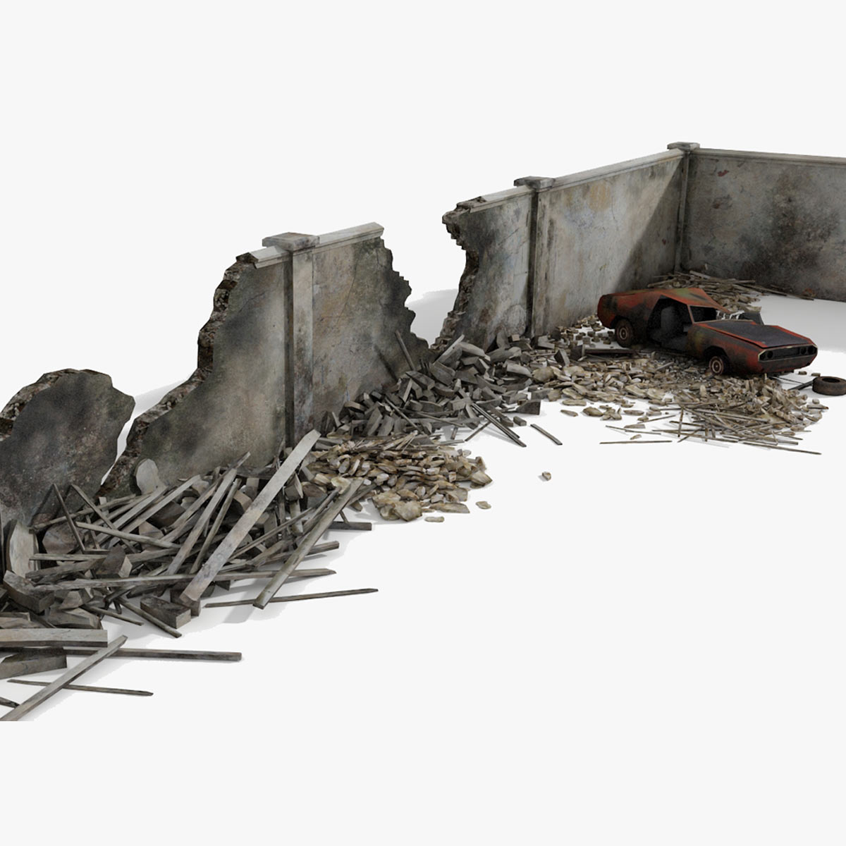 3dsmax destroyed wall debris ruined