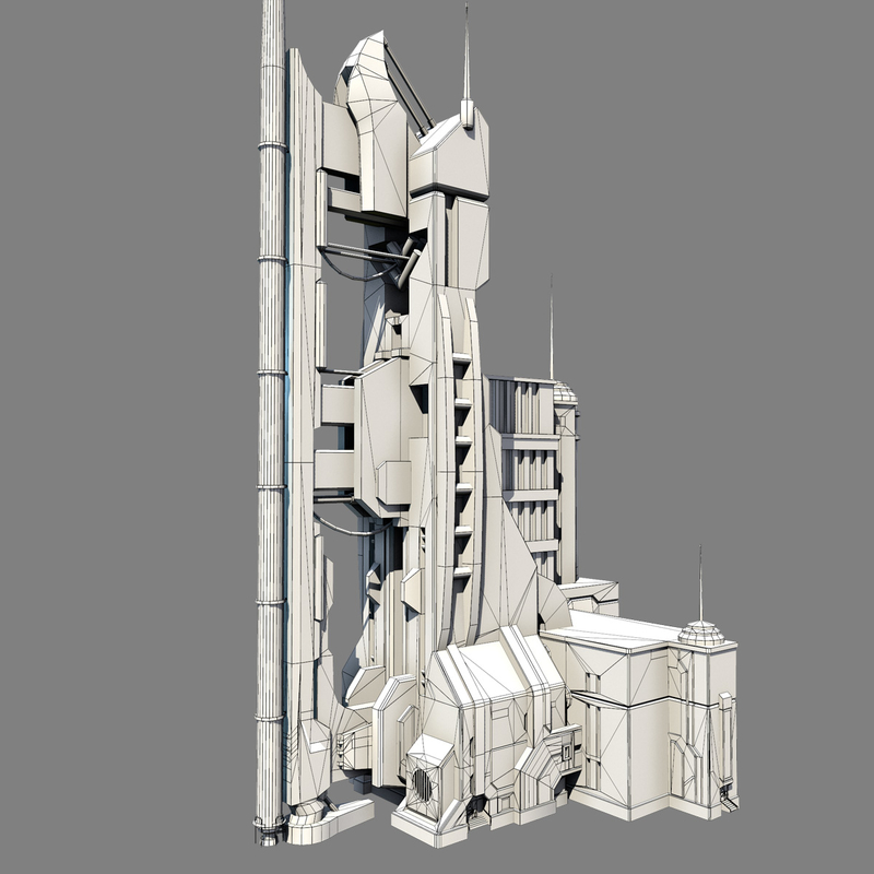 3d model of low-poly sci-fi tower