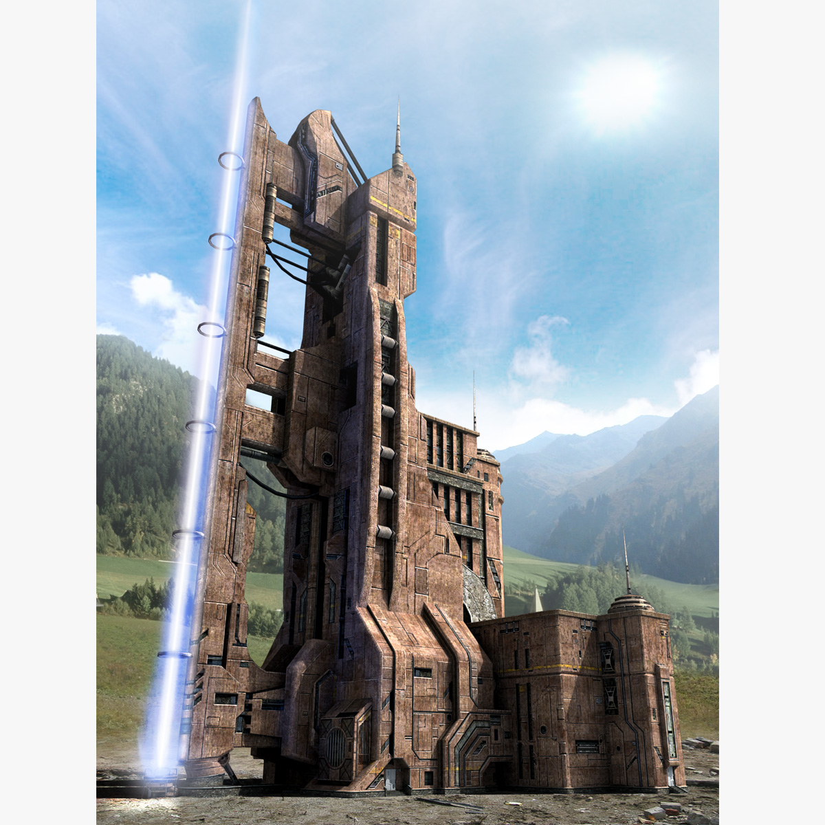 3d model of low-poly sci-fi tower