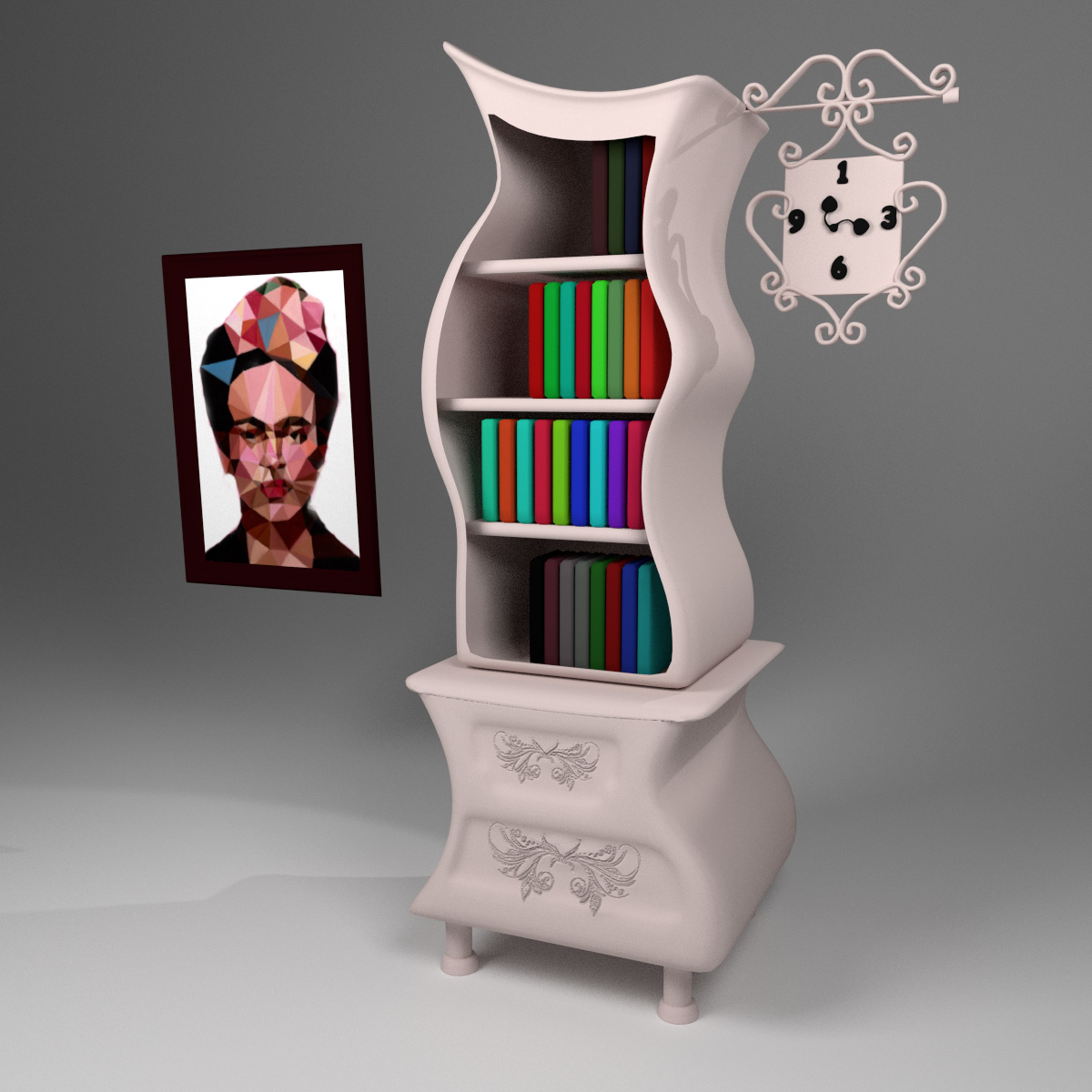 free cartoon bookshelf frida books 3d model