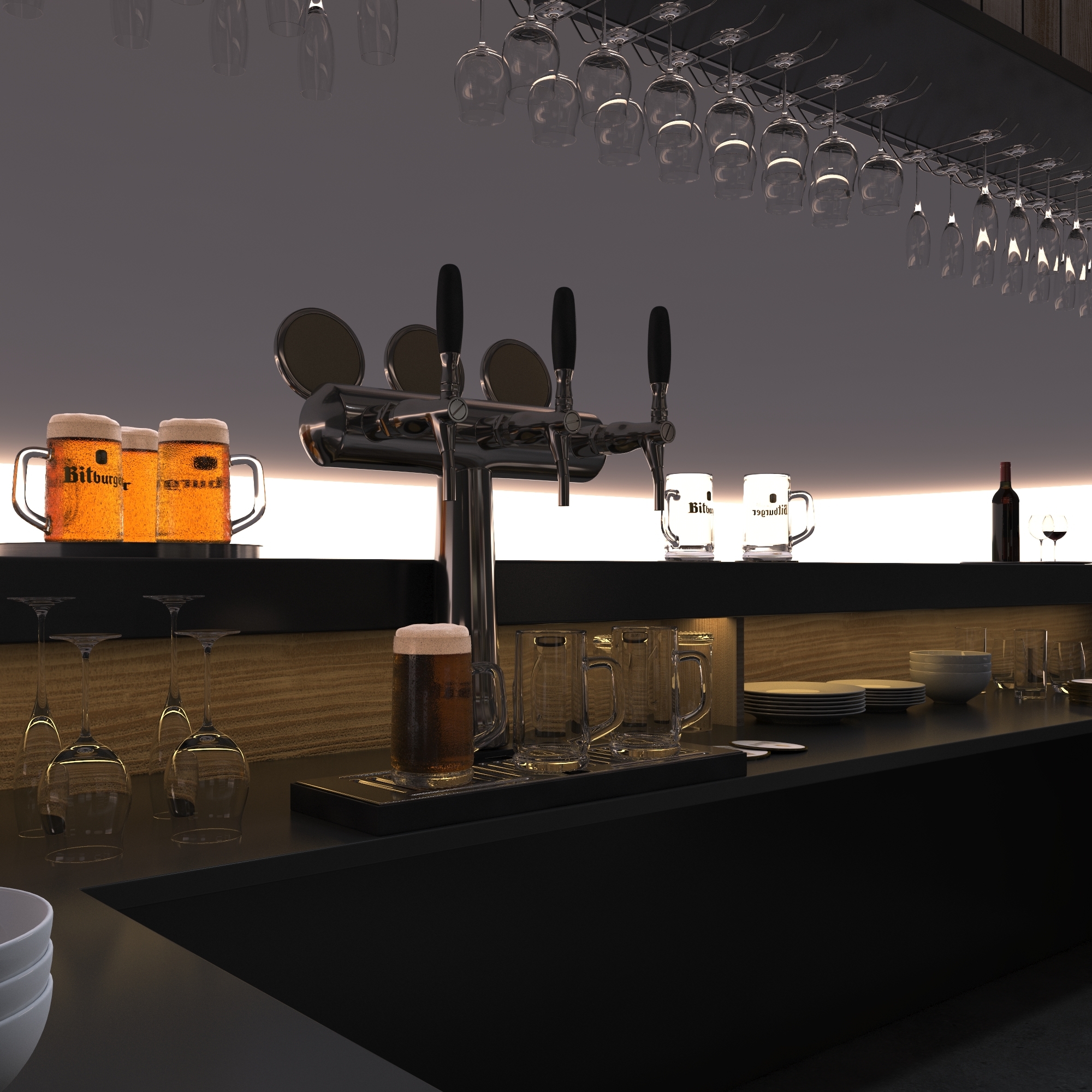 3d model bar beer tap wine bottles
