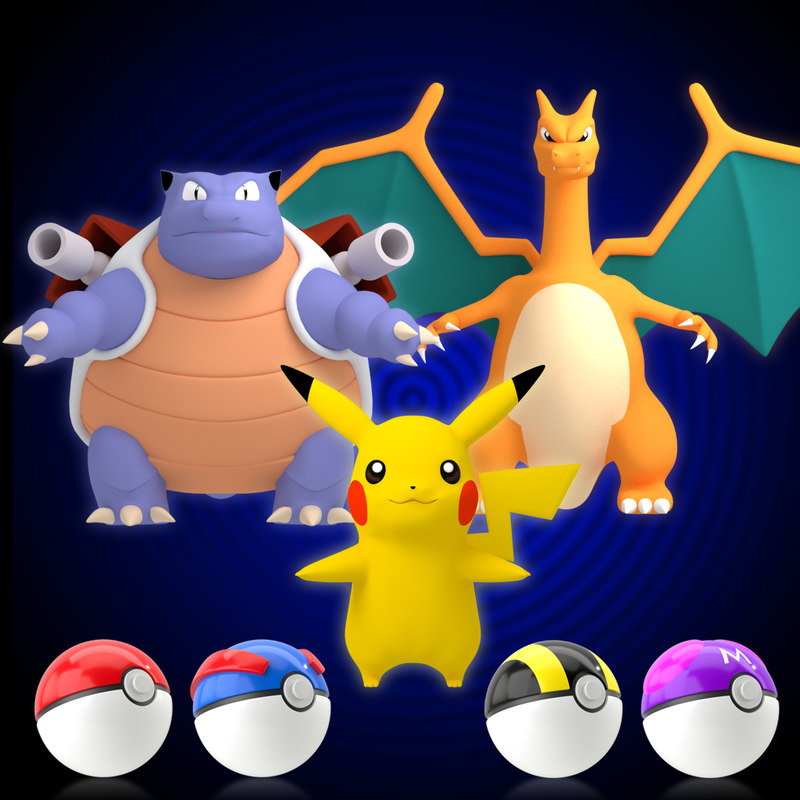 3d model of pikachu charizard blastoise