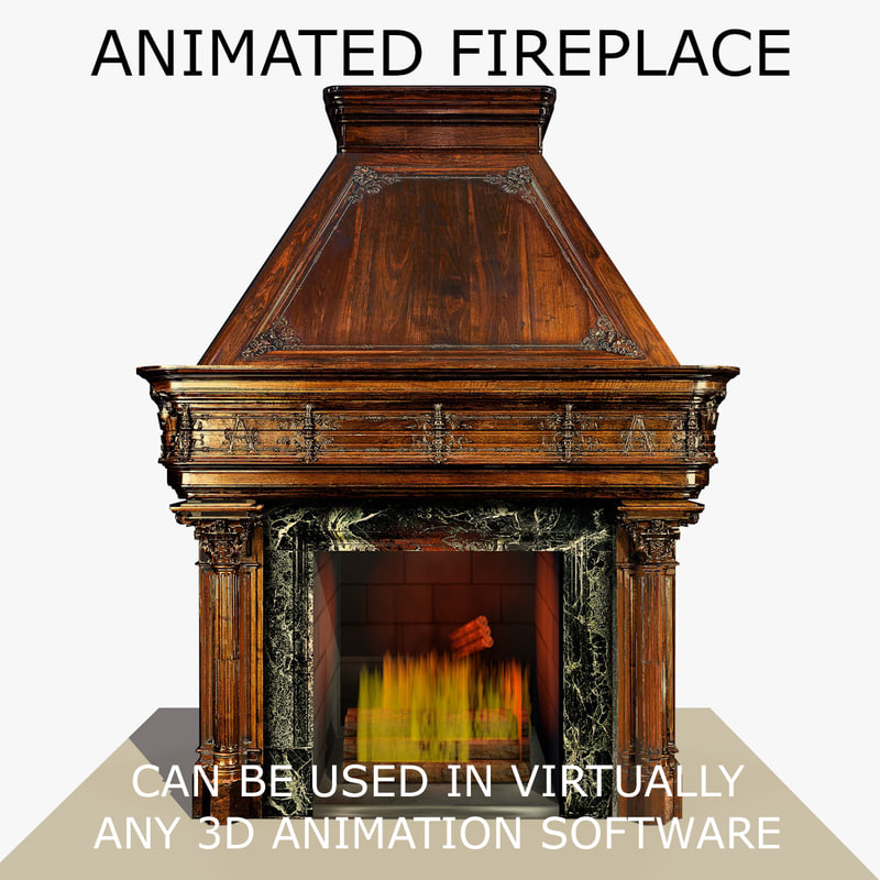 wooden gothic fireplace animation flames c4d