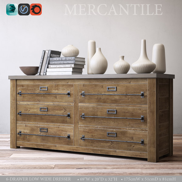 3d mercantile 6-drawer wide dresser model