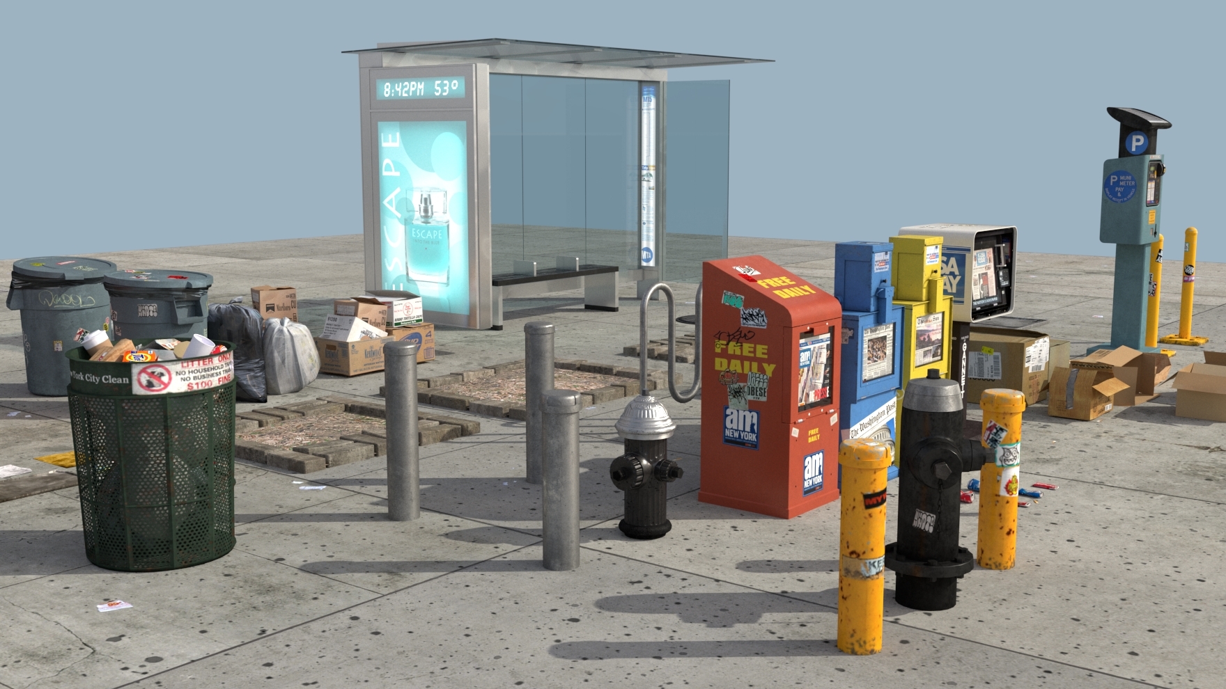 3d model nyc street items trash