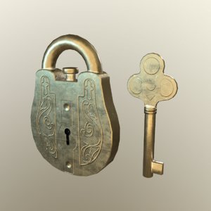 3d model old padlock key