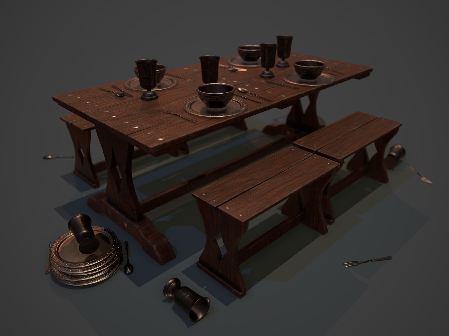 Medieval dining set table 3D - TurboSquid 1536343