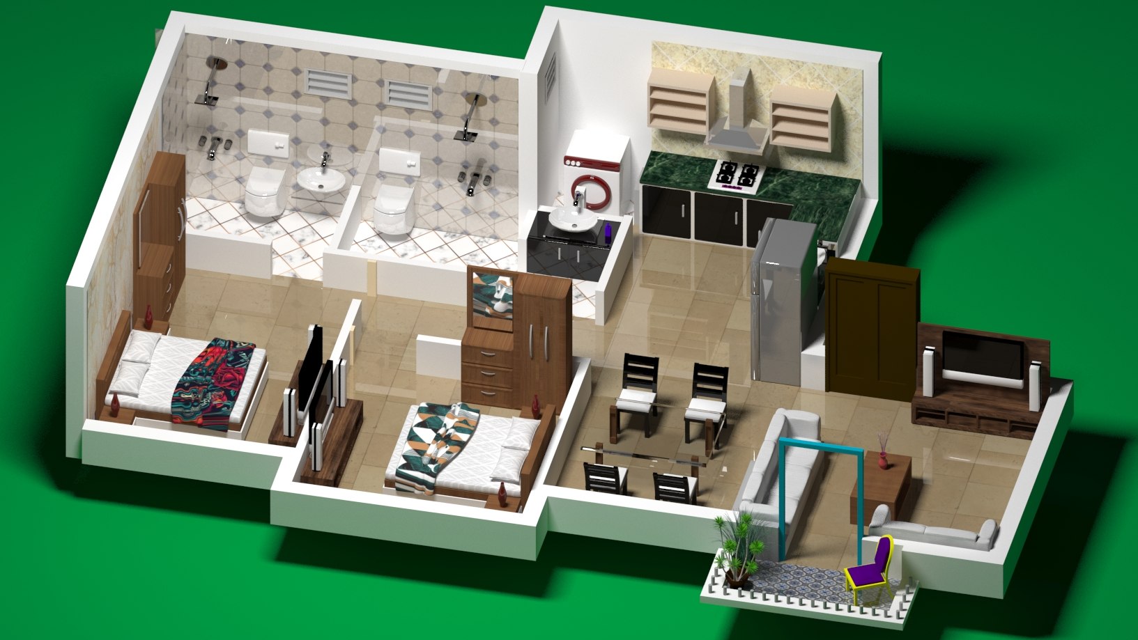 2 bhk apartment 3D model - TurboSquid 1588546