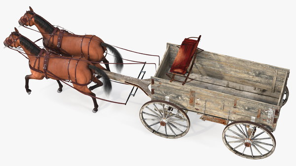 Pair horses pulling wagon model - TurboSquid 1598080